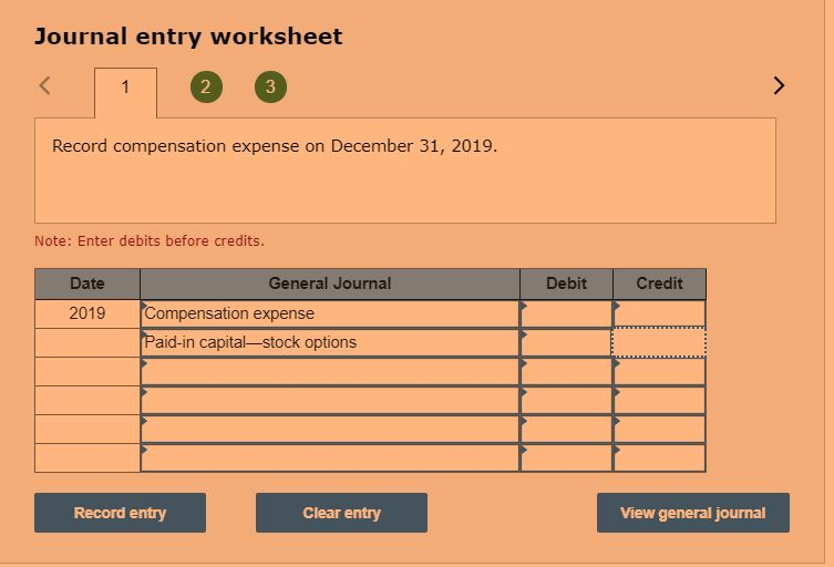 Journal entry worksheet Record compensation expense | Chegg.com