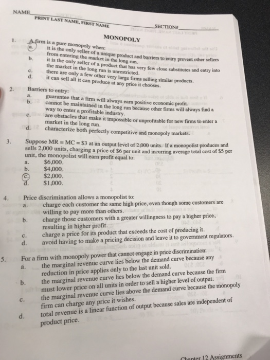 Solved NAME PRINT LAST NAME, FIRST NAME SECTIONE MONOPOLY is | Chegg.com