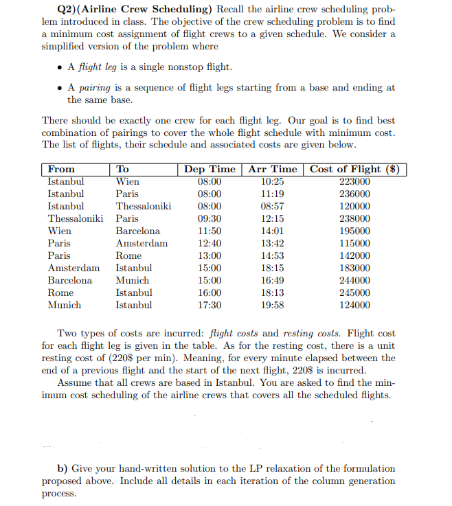 Solved Q2)(Airline Crew Scheduling) Recall the airline crew | Chegg.com