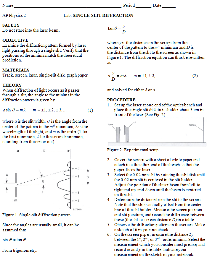 Solved Name Period Date Lab: SINGLE-SLIT DIFFRACTION AP | Chegg.com