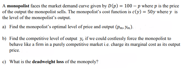Solved A monopolist faces the market demand curve given by | Chegg.com