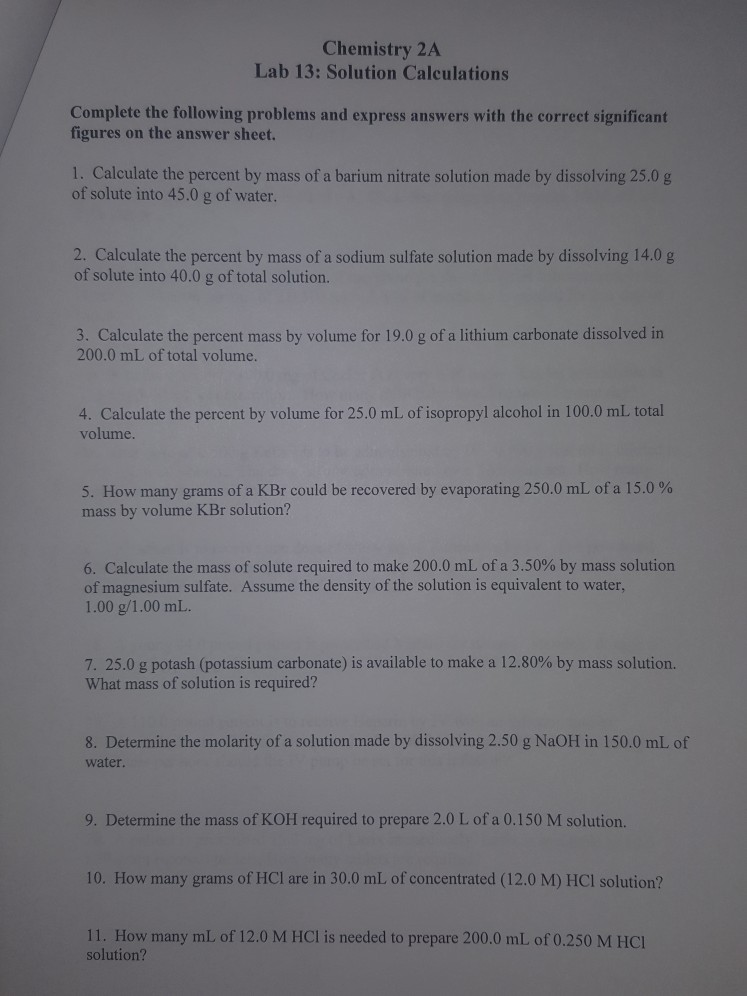 Solved Chemistry 2A Lab 13: Solution Calculations | Chegg.com