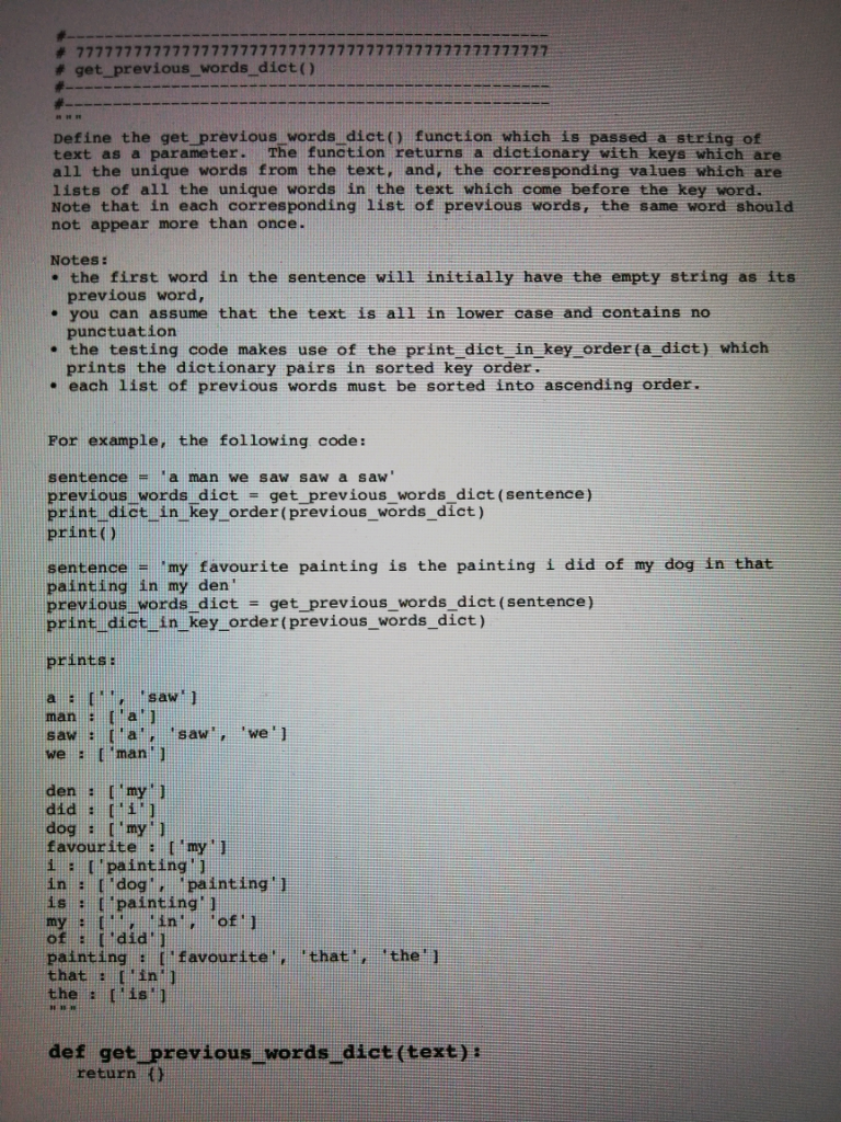 Solved + get_previous words dict) Define the get previous | Chegg.com