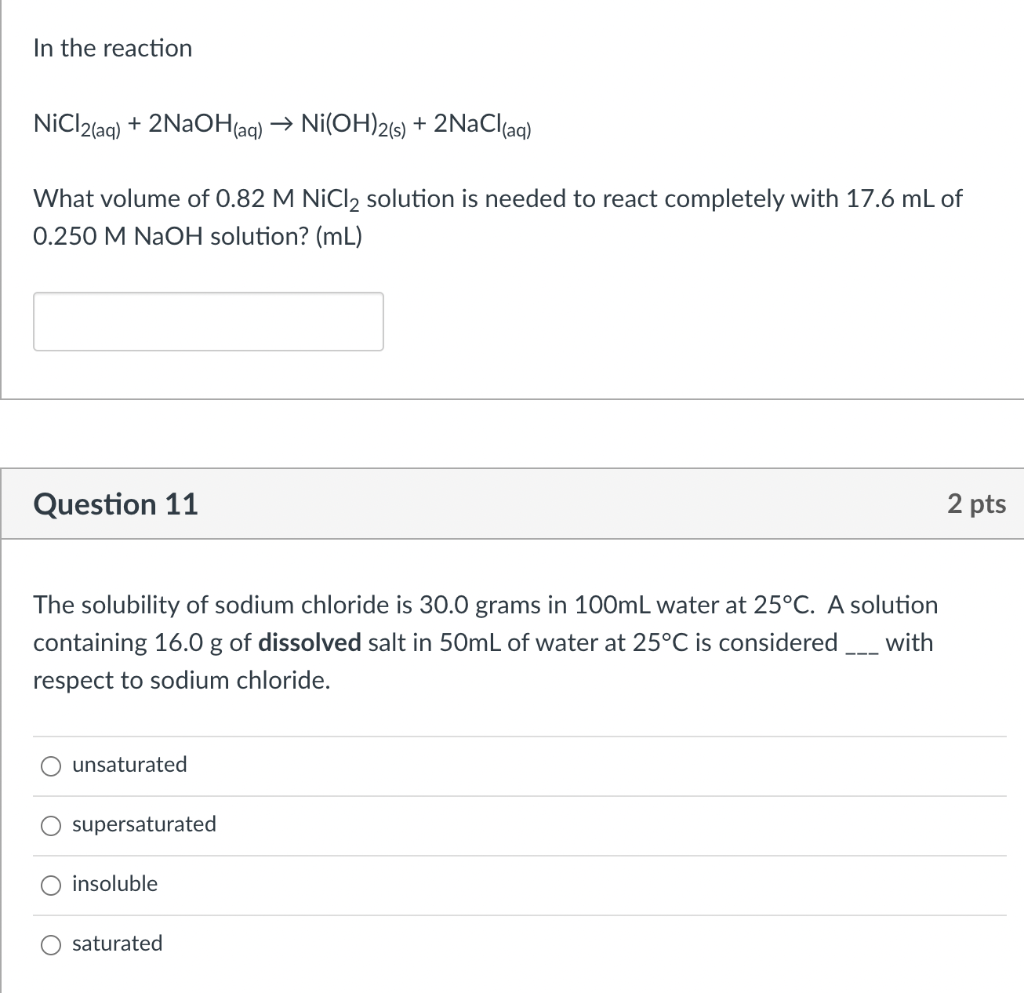 Solved In the reaction NiCl2(aq) + 2NaOH(aq) → Ni(OH)2(s) + | Chegg.com