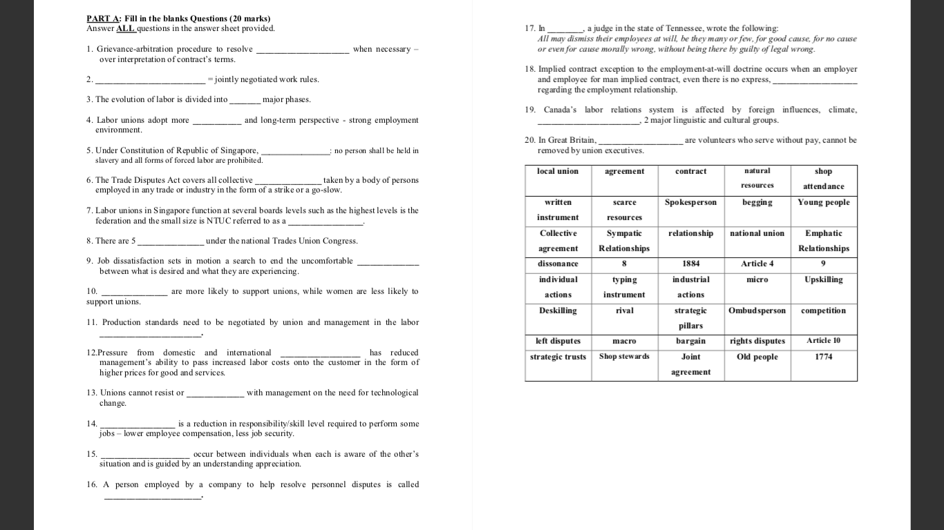 PART A: Fill in the blanks Questions (20 marks) | Chegg.com