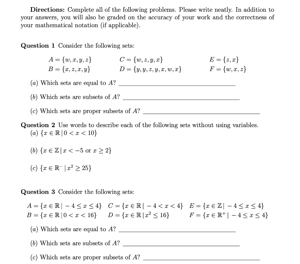 Solved Directions: Complete all of the following problems. | Chegg.com