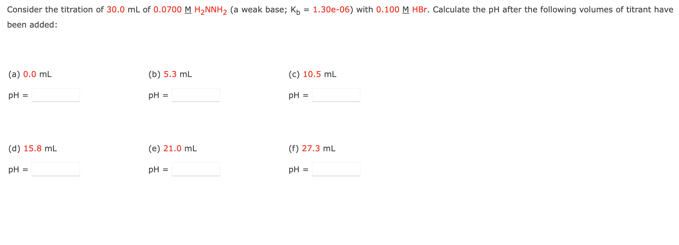 Solved Consider the titration of 30.0 mL of 0.0700MH2NNH2 (a | Chegg.com