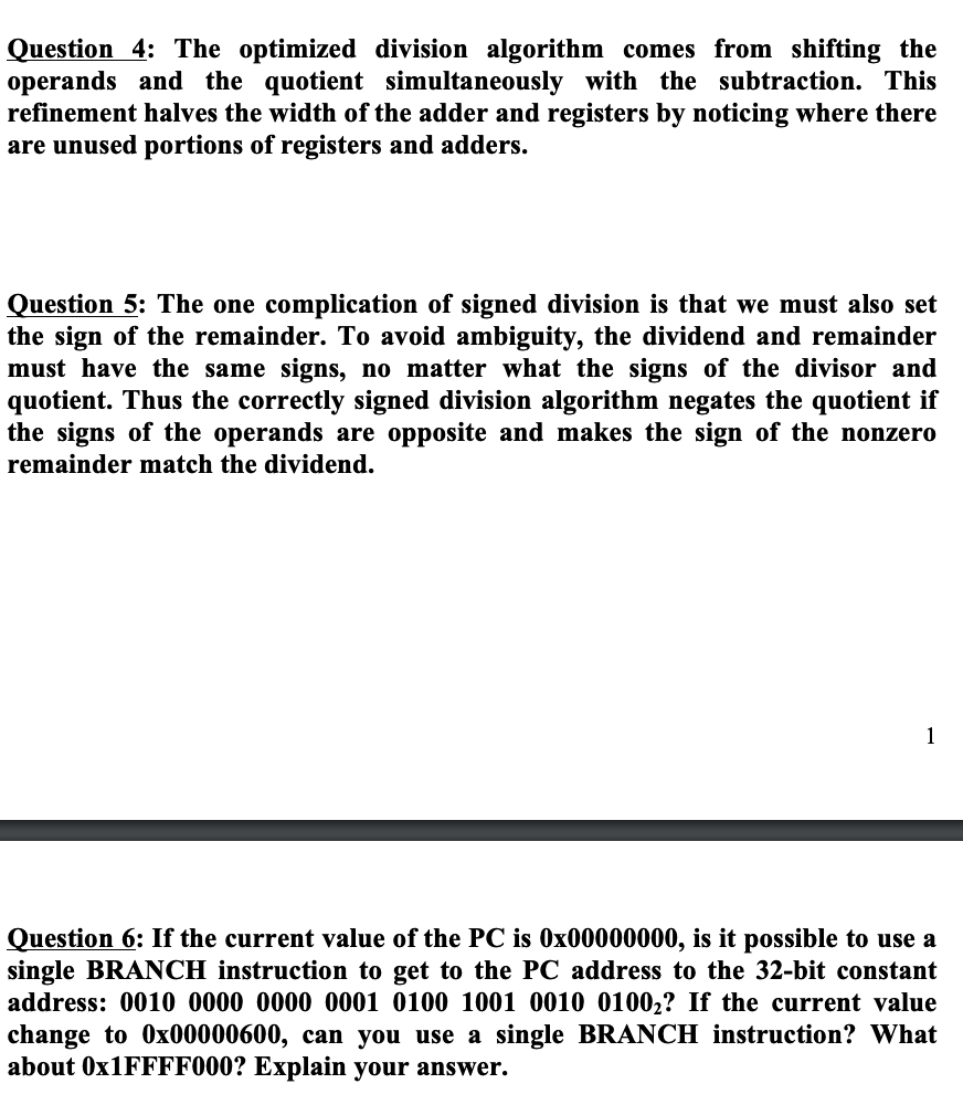 Solved Question 4: The optimized division algorithm comes | Chegg.com