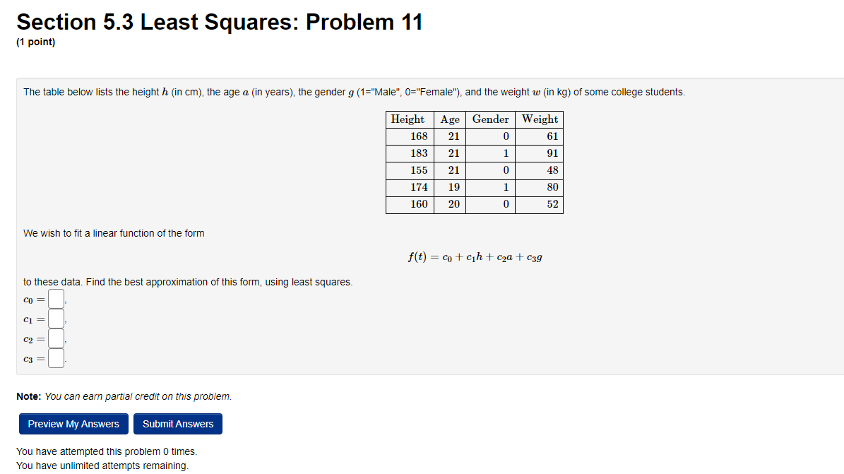 Solved Section 5.3 Least Squares: Problem 11 (1 point) The | Chegg.com