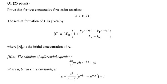 Solved Prove that for two consecutive first-order reactions | Chegg.com