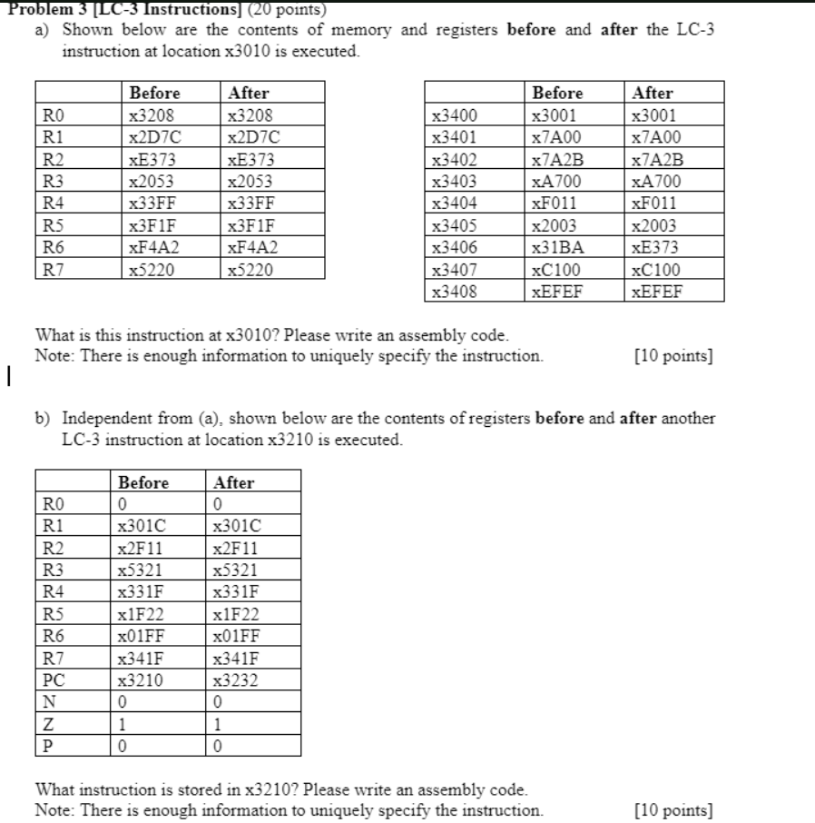 Solved roblem 3 [LC-3 Instructions] ( 20 points) a) Shown | Chegg.com