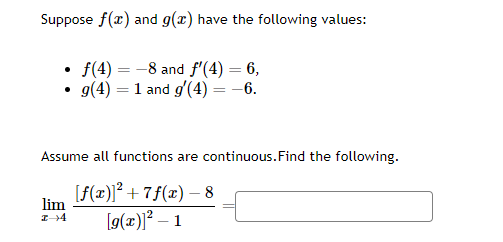 Solved Suppose f(x) and g(x) have the following values: - | Chegg.com