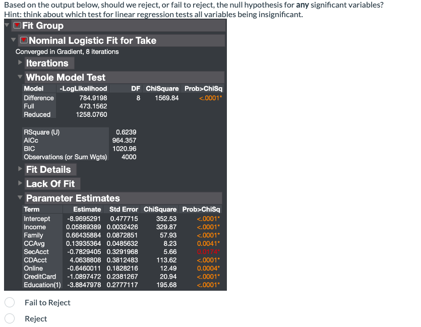 Solved Based on the output below, should we reject, or fail | Chegg.com