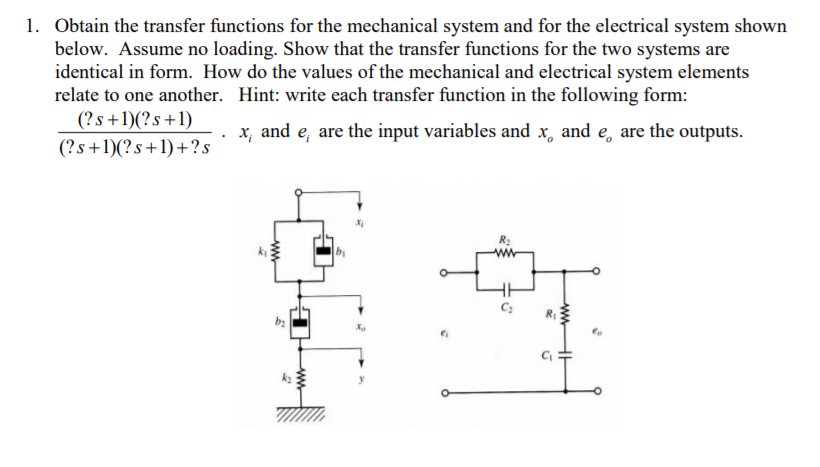 Solved 1. Obtain the transfer functions for the mechanical | Chegg.com