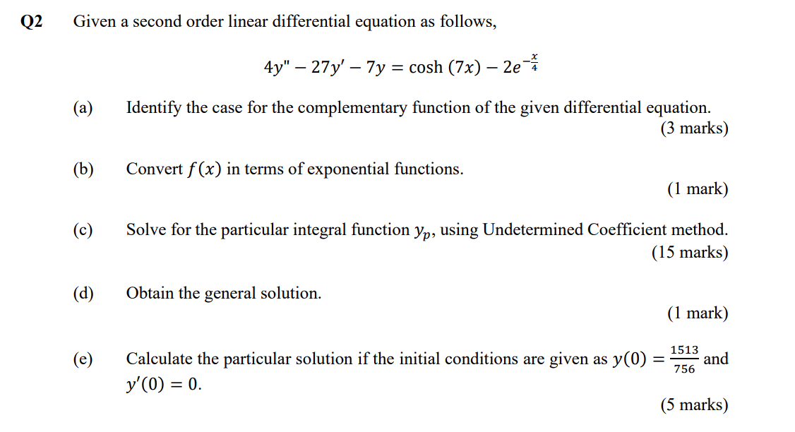 Q2 Given a second order linear differential equation | Chegg.com