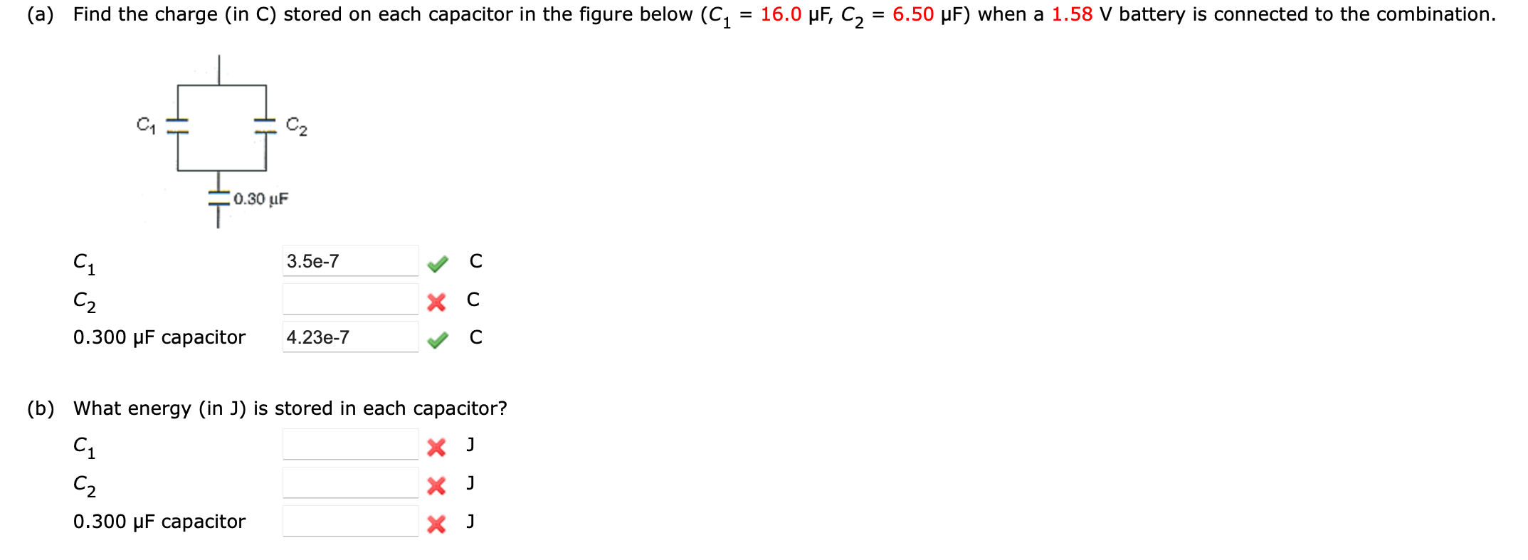Solved (a) Find the charge (in C) stored on each capacitor | Chegg.com