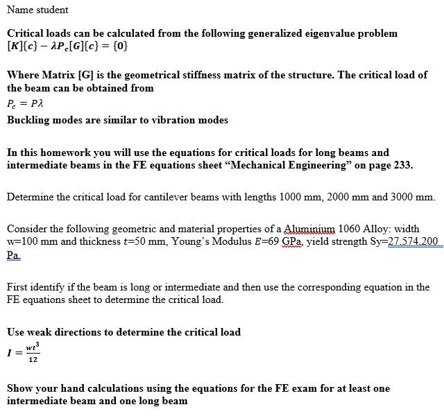 Solved Name student Critical loads can be calculated from | Chegg.com