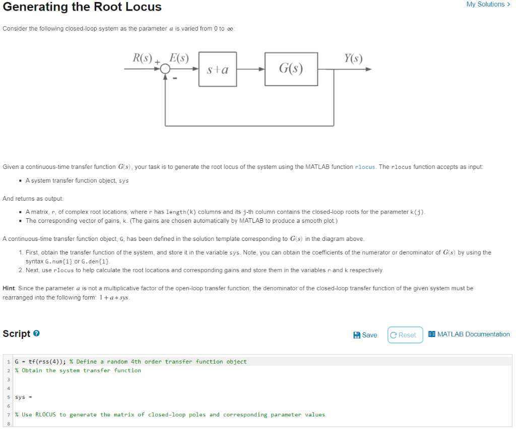 Solved Generating the Root Locus My Solutions > Consider the | Chegg.com