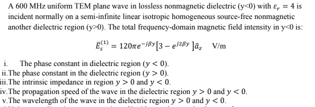 Solved A 600MHz uniform TEM plane wave in lossless | Chegg.com