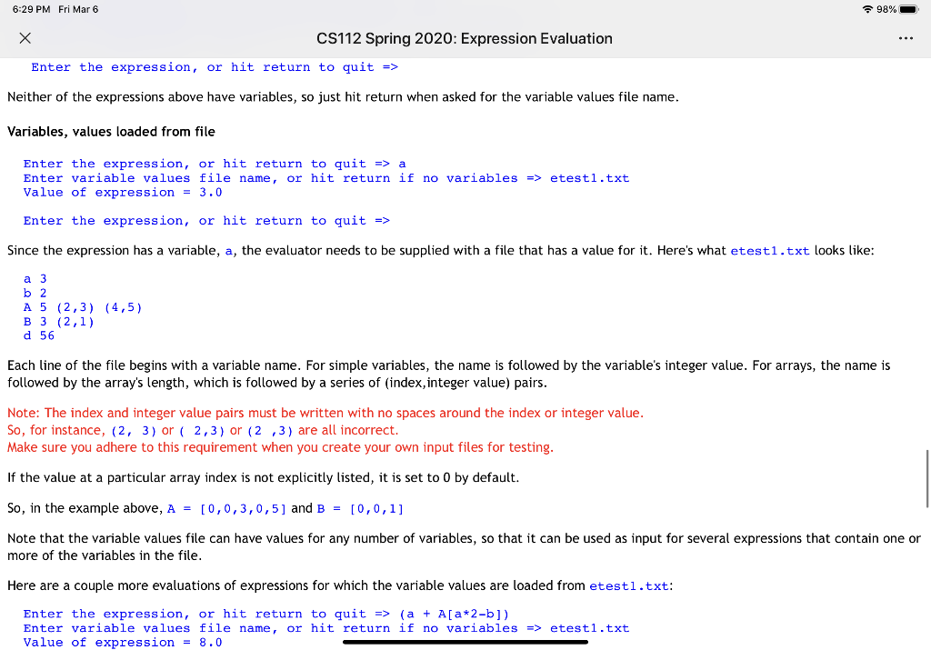 Solved 6:28 PM Fri Mar 6 98% X CS112 Spring 2020: Expression | Chegg.com