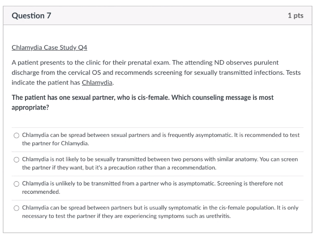 Solved Question 7 1 pts Chlamydia Case Study Q4 A patient | Chegg.com