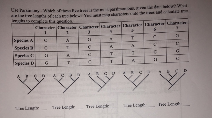 Solved Use Parsimony - Which of these five trees is the most | Chegg.com