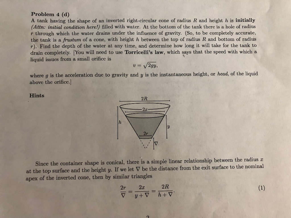 Solved Problem 4 (d) A tank having the shape of an inverted | Chegg.com