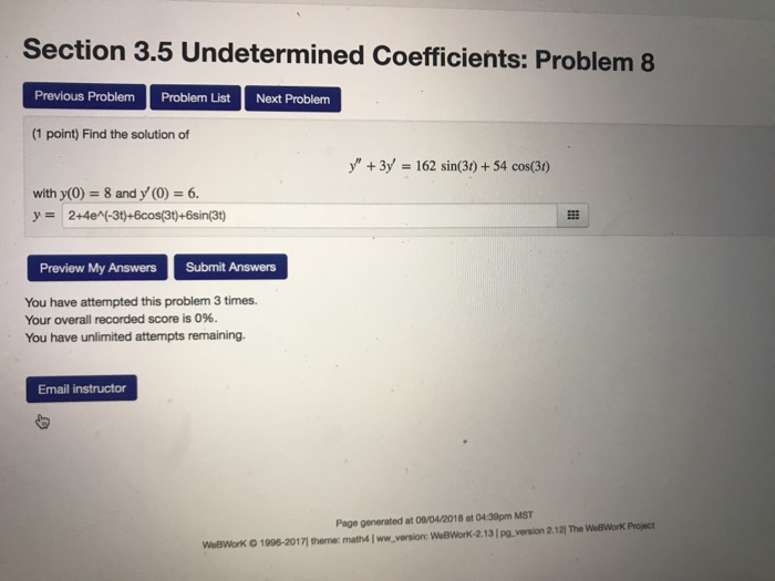 Solved Section 3.4 Repeated Roots: Problem 2 Previous | Chegg.com