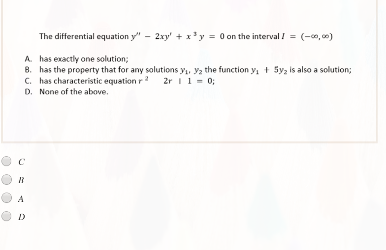 Solved The differential equation y" - 2xy' + x3 y = 0 on the | Chegg.com