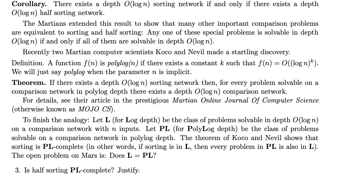 Corollary. There exists a depth O(log n) sorting | Chegg.com