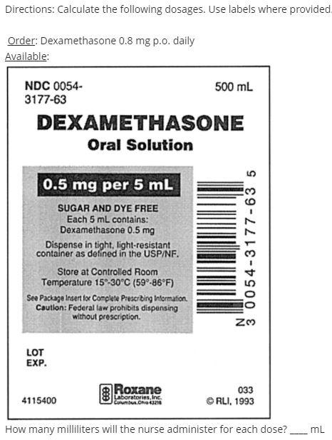 Solved Directions: Calculate the following dosages. Use | Chegg.com