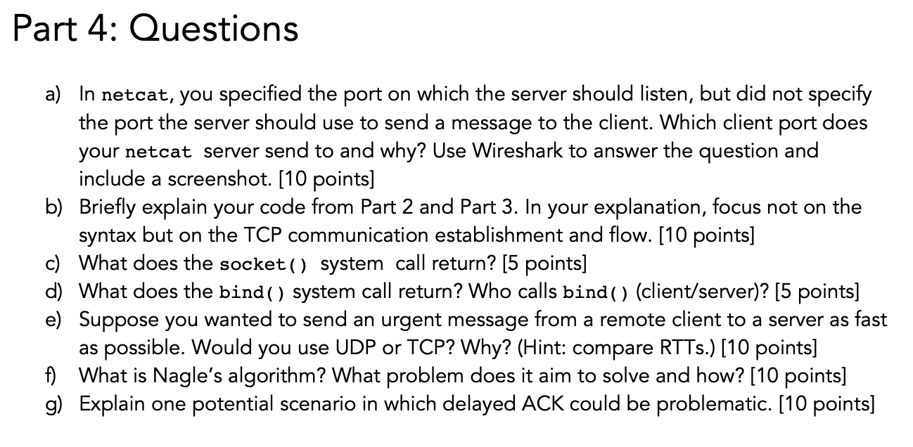 Part 4: Questions a) In netcat, you specified the | Chegg.com