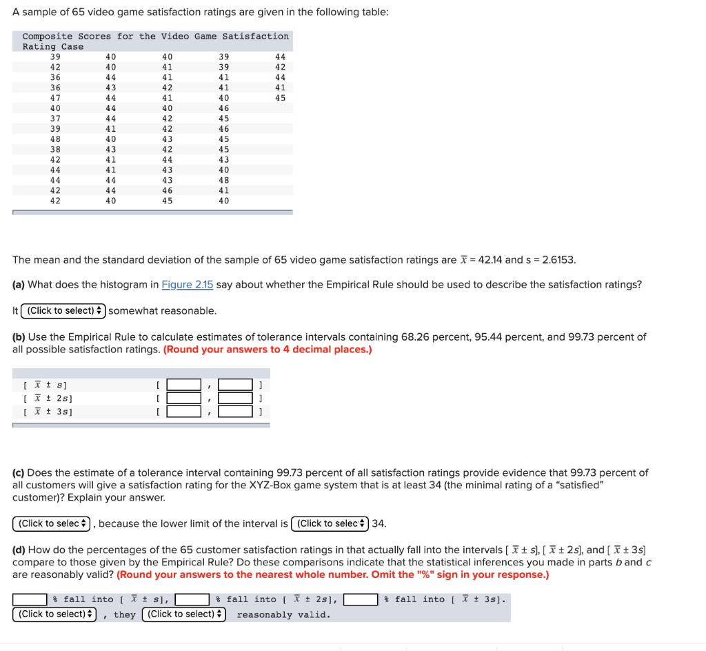 Solved A sample of 65 video game satisfaction ratings are | Chegg.com