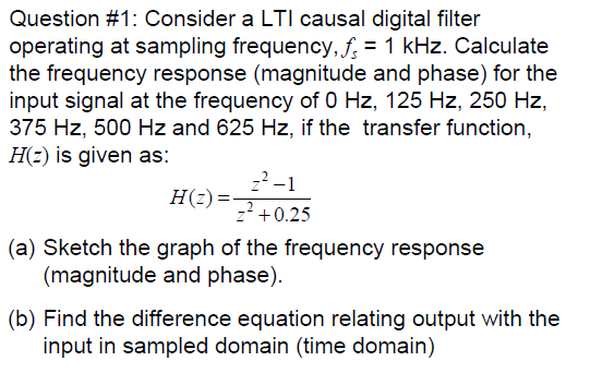 Solved Question #1 : Consider a LTI causal digital filter | Chegg.com