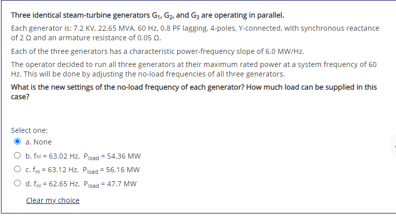 Solved Three identical steam-turbine generators G1, G2, and | Chegg.com