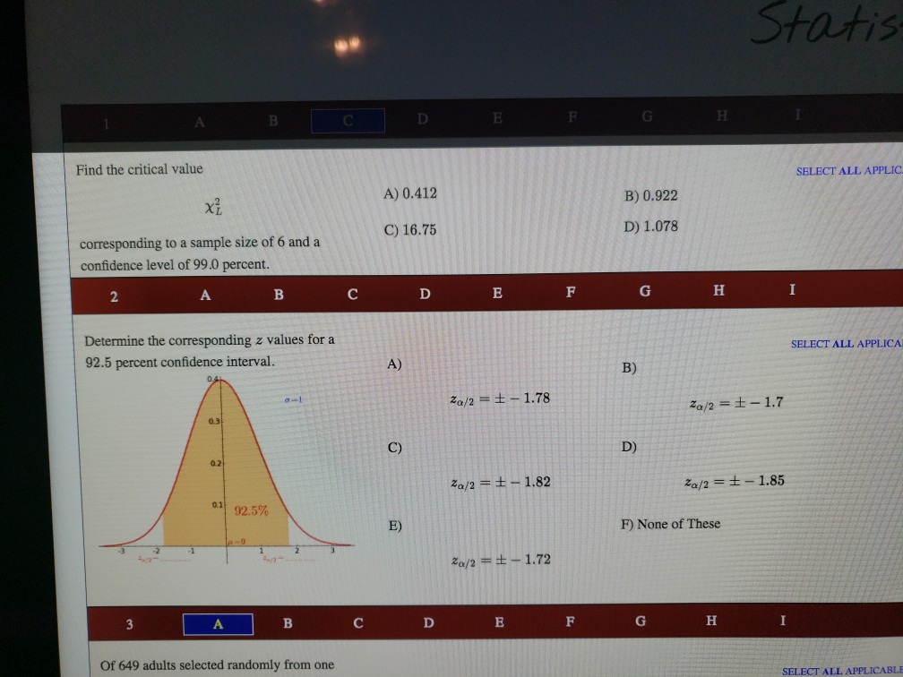 Solved Statis Find the critical value SELECT ALL APPLIC A) | Chegg.com