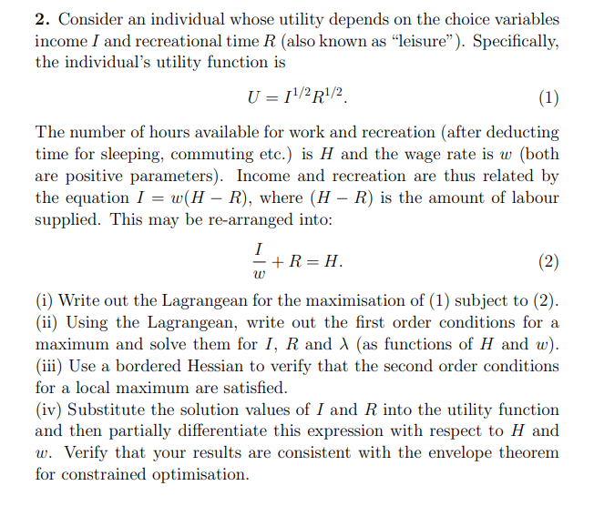 Solved 2. Consider an individual whose utility depends on | Chegg.com