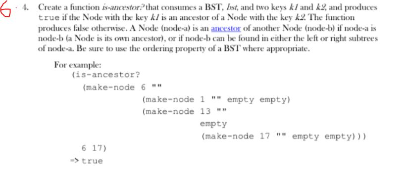 Solved Create a function is ancestor that consumes a BST, | Chegg.com