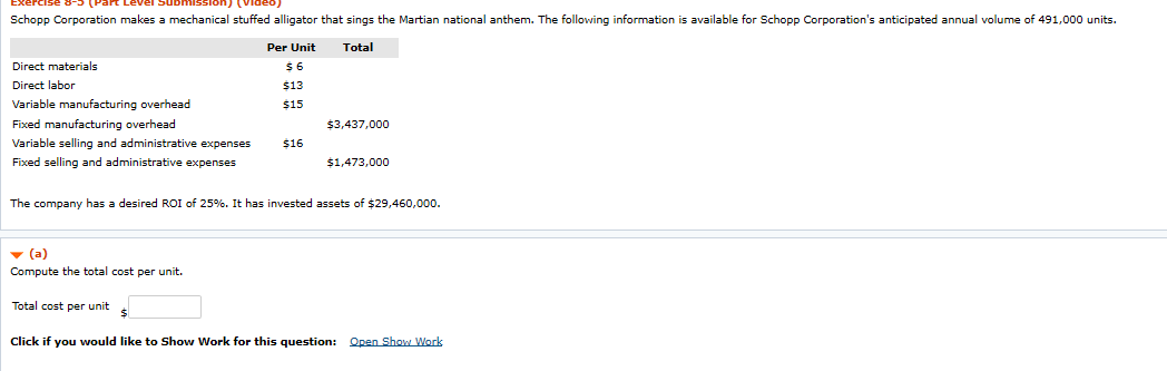 Solved Exercise 8-5 (Part Level Submission (Video) Schopp | Chegg.com