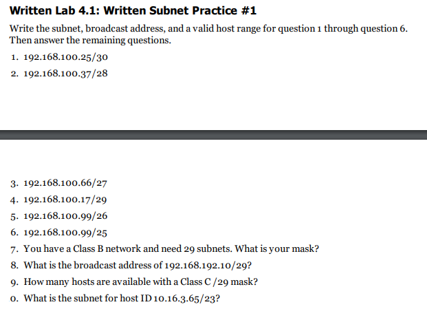 Solved Written Lab 4.1: Written Subnet Practice #1 Write the | Chegg.com