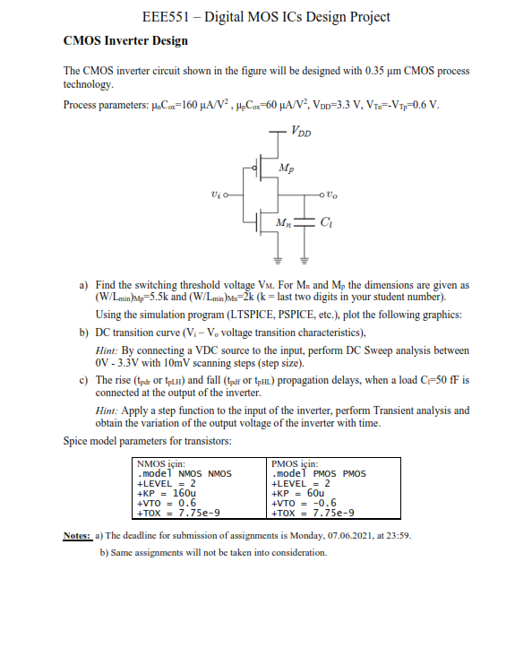 Solved EEE551 - Digital MOS ICs Design Project CMOS Inverter | Chegg.com