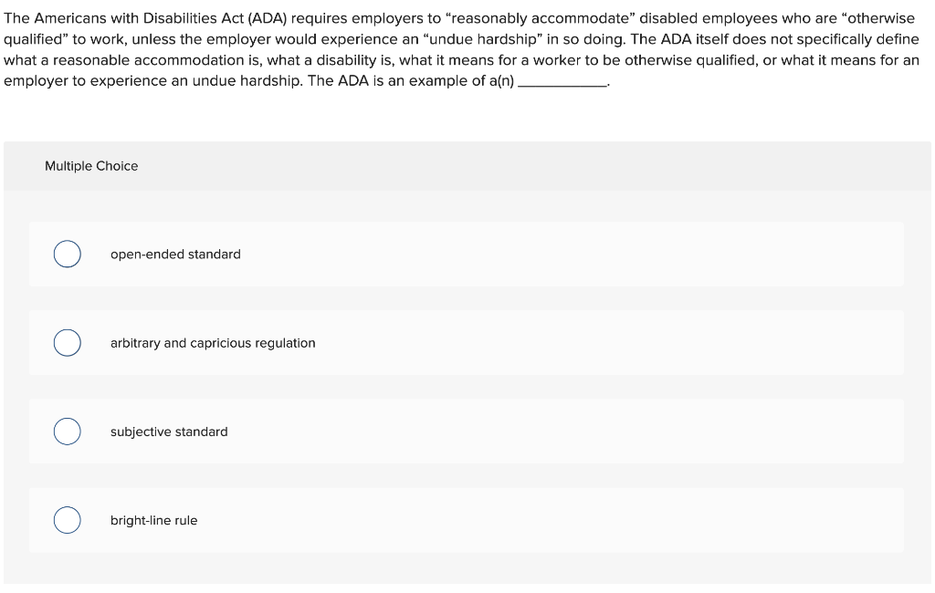 Solved The Americans with Disabilities Act (ADA) requires | Chegg.com
