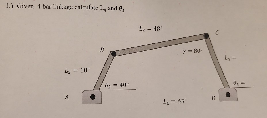Solved 1.) Given 4 bar linkage calculate L4 and 04 L3 = 48" | Chegg.com