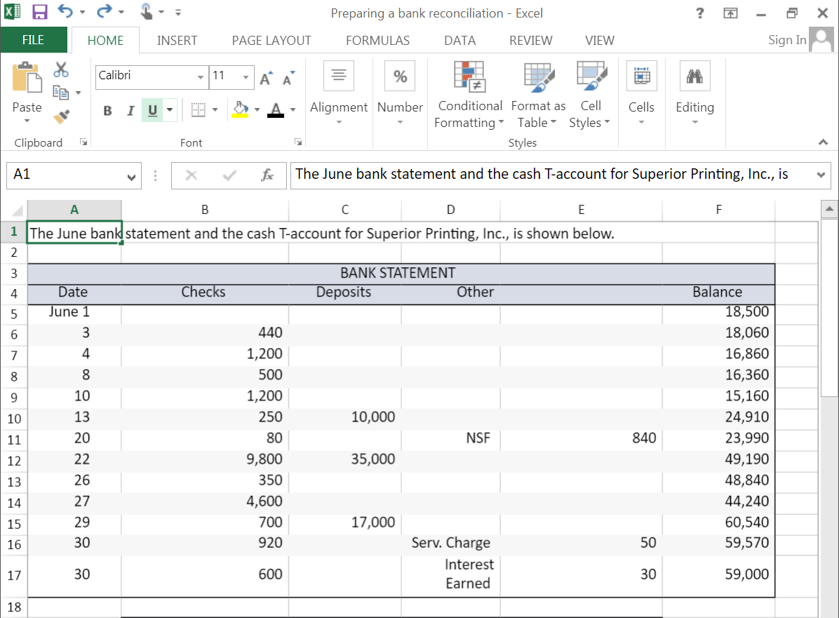 Solved Preparing a bank reconciliation - Excel ? X FILE HOME | Chegg.com