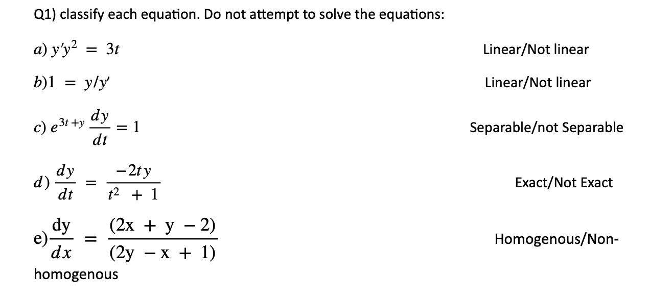 Solved Q1) classify each equation. Do not attempt to solve | Chegg.com