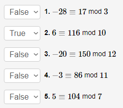 Solved 1. −28≡17mod3 2. 6≡116mod10 3. −20≡150mod12 4. | Chegg.com