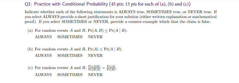 Solved Q1: Practice with Conditional Probability (45 pts: 15 | Chegg.com