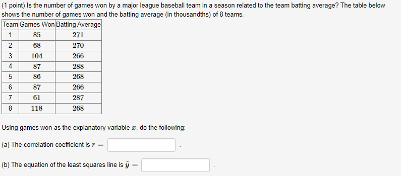 Solved 1 (1 point) Is the number of games won by a major | Chegg.com
