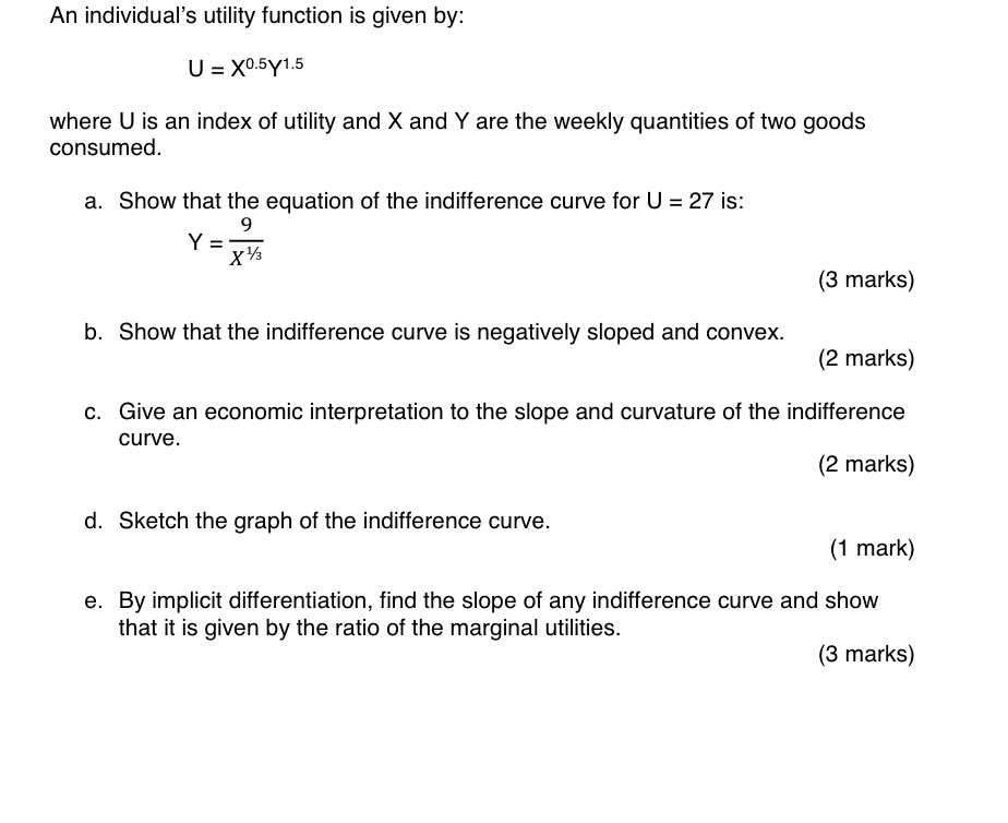 Solved An individual's utility function is given by: | Chegg.com