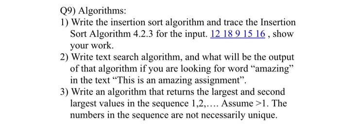 Solved Q9 Algorithms 1 Write The Insertion Sort Algorithm